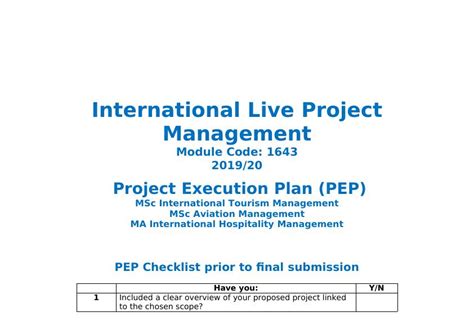 Project Execution Plan Pep For International Live