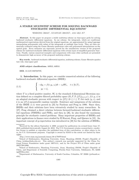 PDF A Stable Multistep Scheme For Solving Backward Stochastic Differential Equations