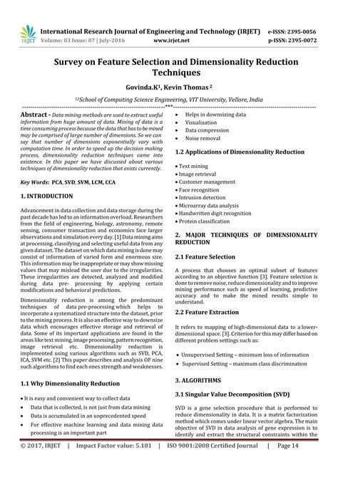 Survey On Feature Selection And Dimensionality Reduction Techniques Pdf