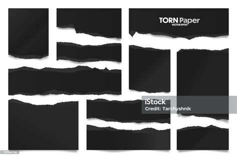 찢어진 검은 종이 스트립 찢어진 가장자리가있는 현실적인 구겨진 종이 스크랩 노트북 페이지의 파쇄 벡터 일러스트레이션 0명에 대한