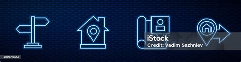 선 설정 위치 마커가 있는 접힌 지도 도로 교통 표지판 위치 집 및 벽돌 벽에 빛나는 네온 아이콘입니다 벡터 0명에 대한 스톡 벡터 아트 및 기타 이미지 Istock