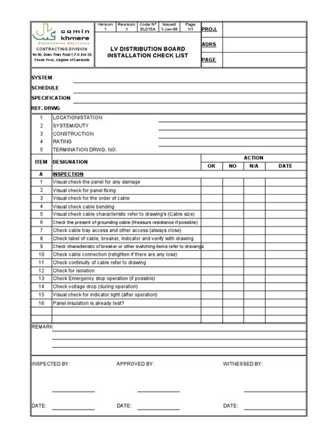 Lv Distribution Board Installation Check List Proj Adrs System