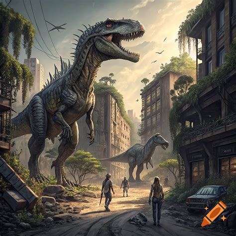 Large Dinosaurs Roam A Ruined City While Humans Walk On A Road In A