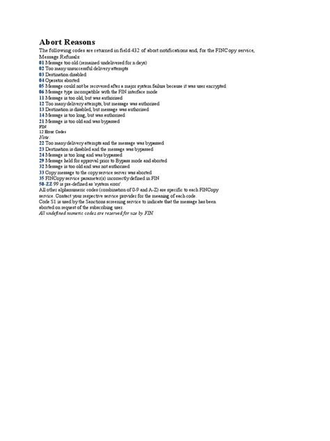 Swift Abort Reasons Pdf