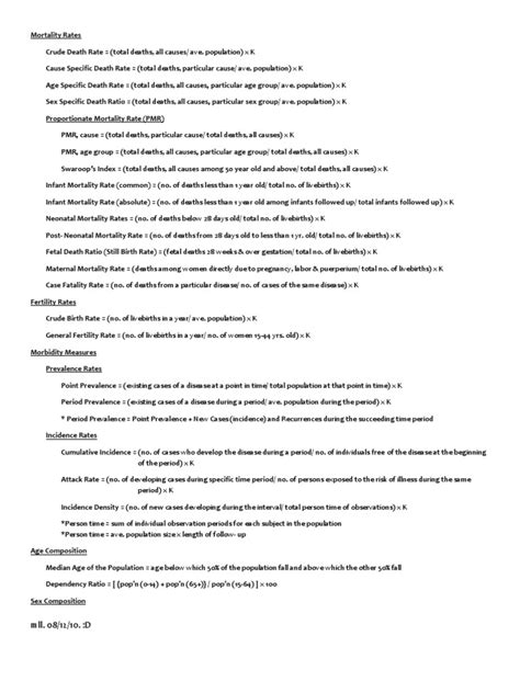 Formula Sheet Incidence Epidemiology Prevalence
