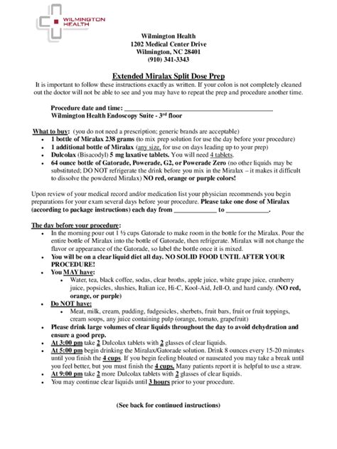 Fillable Online Miralax Split Dose Bowel Preparation Instructions For Colonoscopy Jcmiralax