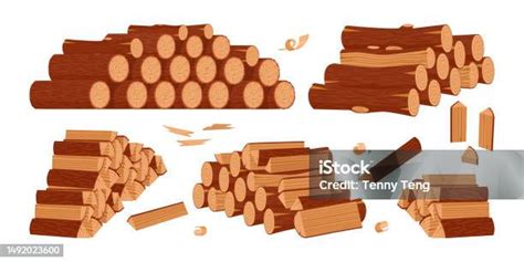 장작 나무 통나무 만화는 모닥불 장작 모닥불 나무 통나무를 쌓았습니다 목재 산업 재료 플랫 벡터 기호 일러스트레이션 세트 더미에