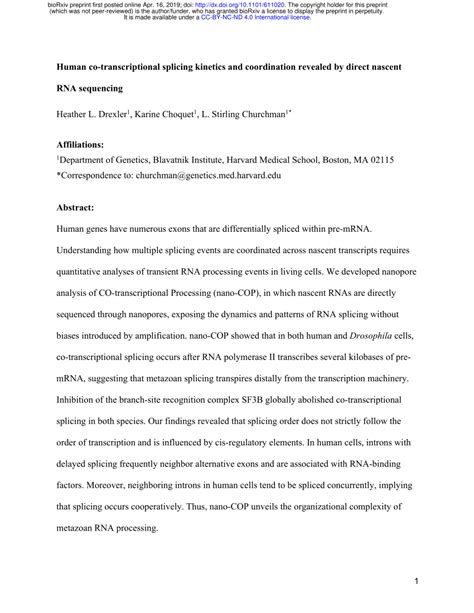 Pdf Human Co Transcriptional Splicing Kinetics And Coordination Revealed By Direct Nascent Rna
