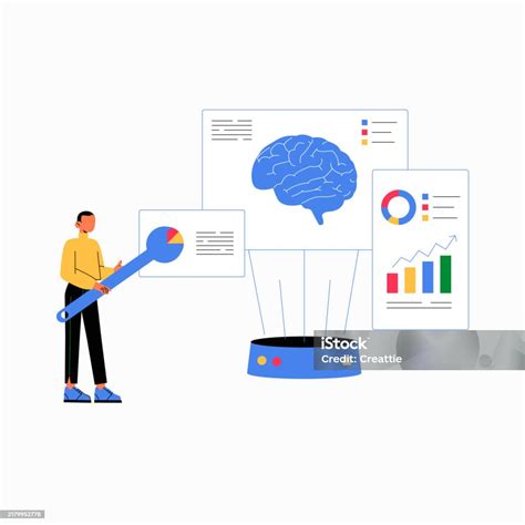 인공 지능 데이터 과학 및 기계 학습을 상징하는 평면 벡터 일러스트 레이 션의 남성 전문가와 함께 뇌 데이터 분석 흰색 배경에 고립 개념에 대한 스톡 벡터 아트 및 기타