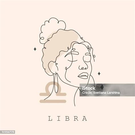 천칭자리 조디악 기호 한 줄 그리기 추상적 인 여성 얼굴을 가진 점성술 아이콘 수수께끼와 난해한 윤곽선 로고 별자리 기호 미니멀
