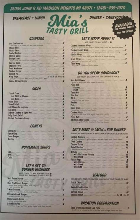 Mias Tasty Grill Menu In Madison Heights Michigan Usa