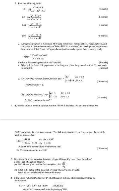 Solved 1 Find The Following Limits 1