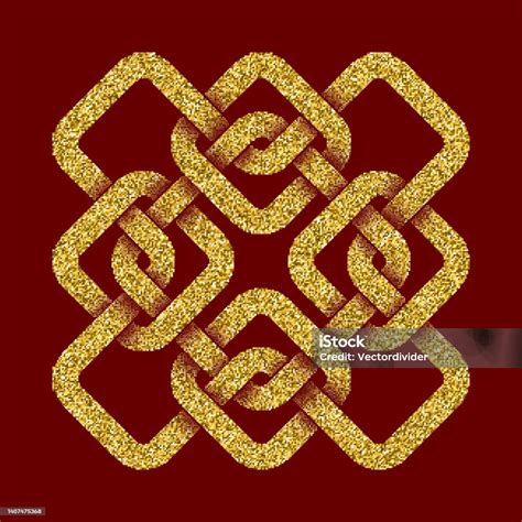 짙은 빨간색 배경에 켈트 매듭 스타일의 황금빛 반짝이는 기호 십자형 미로 형태의 상징 보석 디자인을위한 금 장식품 0명에 대한