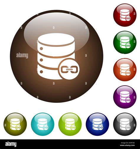 joined database tables white icons on round color glass buttons stock