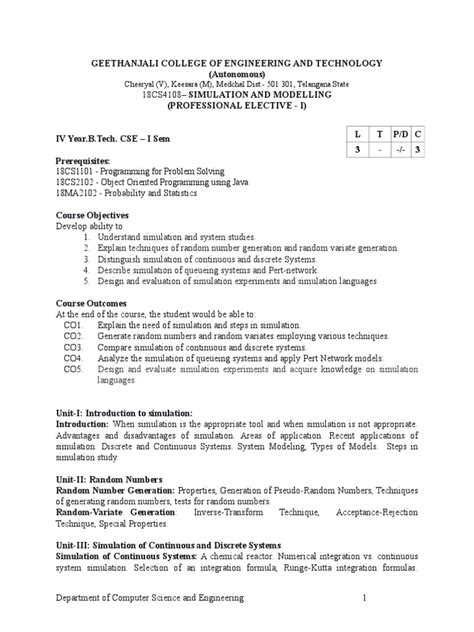 Simulation And Modelling An Introduction To The Simulation Of