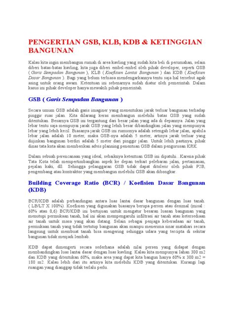 Pengertian Gsb Kdb Klb And Ketinggian Bangunan Pdf