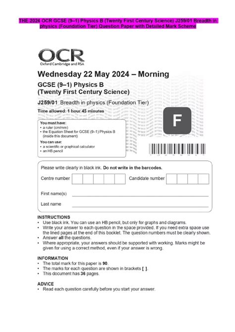 The 2024 Ocr Gcse 9 1 Physics B Twenty First Century Science J259 01 Breadth In Physics