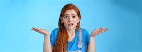 Perplexed Uneasy Stupified Worried Redhead Woman Shrugging Have No Idea Frowning Nervously
