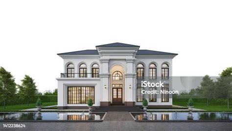 흰색 배경에 연못과 풍경이있는 고전적인 집 외관3d 렌더링 맨션에 대한 스톡 사진 및 기타 이미지 맨션 호화로움 별장