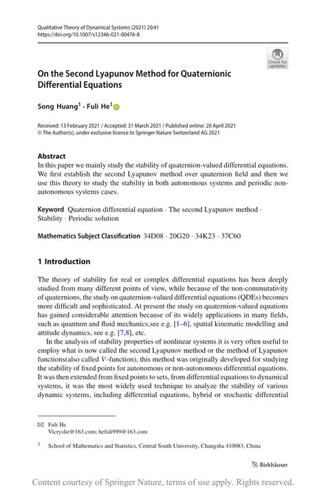 On The Second Lyapunov Method For Quaternionic Differential Equations