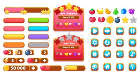 Game UI Buttons Mobile Application Or Game Interface Elements Cartoon