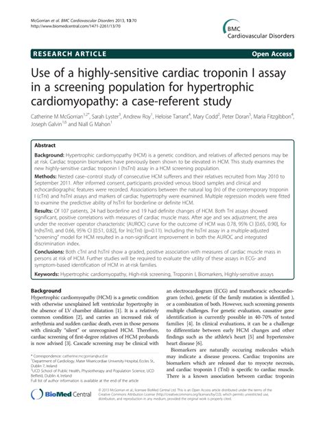Pdf Use Of A Highly Sensitive Cardiac Troponin I Assay In A Screening Population For