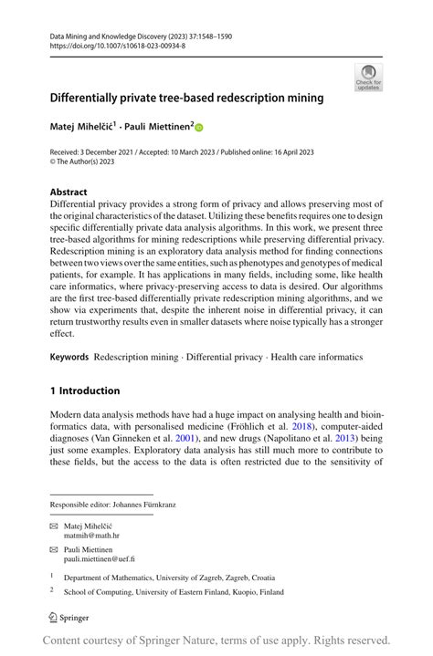 pdf differentially private tree based redescription mining