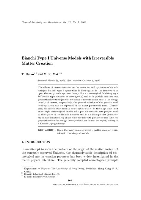Pdf Bianchi Type I Universe Models With Irreversible Matter Creation