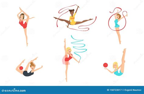 ColecciÃ³n De Mujeres Gimnastas Que Realizan Elementos De Gimnasia RÃtmica Con Balls Y Cintas