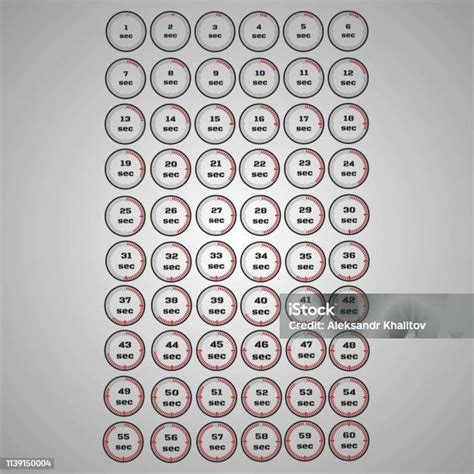 벡터 일러스트 레이 션은 1 초에서 60 초로 한 초 간격 10 행 및 6 개의 열을 회색 배경으로 증가 시킵니다 스톱 워치