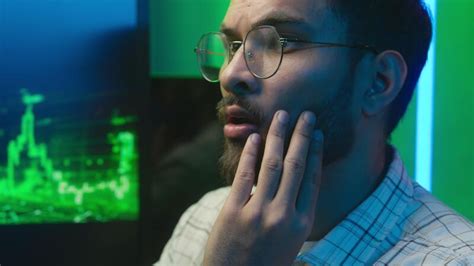 Close Up Face Nervous Arabian Indian Man Looking Computer Monitor Data Problem Trouble Male Guy