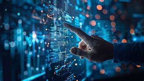 hand touching digital screen with data and charts representing