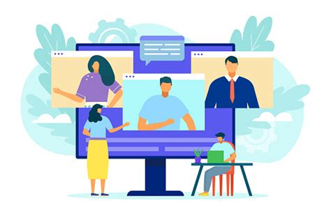 온라인 화상 회의 개념 벡터 일러스트레이션 컴퓨터 화면에서 화상 채팅 가상 통신에서 그룹 사람 문자 개념에 대한 스톡 벡터 아트 및 기타 이미지 Istock