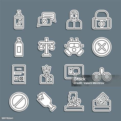 세트 라인 투표 상자 수갑 X 마크 원에 십자가 검열 언론의 자유 저울 정의 페인트 스프레이 캔 후추 및 방독면 아이콘 벡터