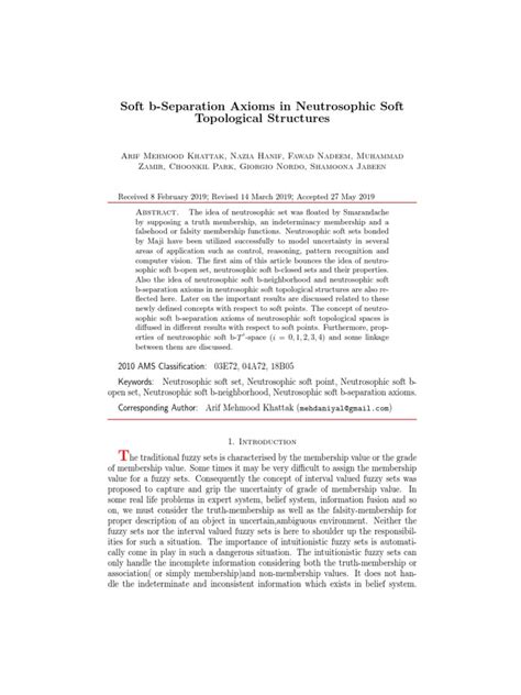 Soft B Separation Axioms In Neutrosophic Soft Topological Structures Pdf Mathematical