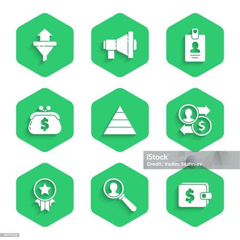 피라미드 차트 인포그래픽 검색 사람들을 위한 돋보기 달러가 있는 지갑 승진 교환 돈 메달 스타 식별 배지 및 판매 깔때기 화살표 아이콘을 설정합니다 벡터 개념에 대한 스톡