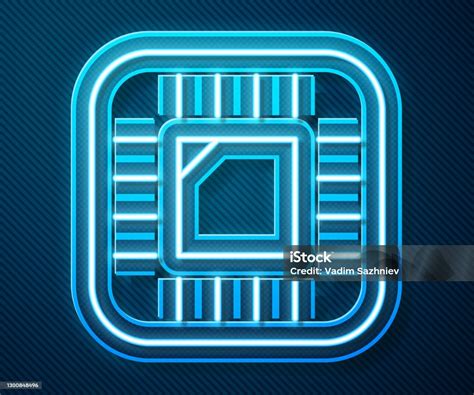 파란색 배경에 격리 된 마이크로 회로 Cpu 아이콘이있는 빛나는 네온 라인 컴퓨터 프로세서 회로 기판칩 또는 Cpu 마이크로