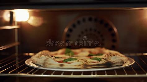 Pizza Being Placed Into Glowing Modern Electric Oven In Slow Motion