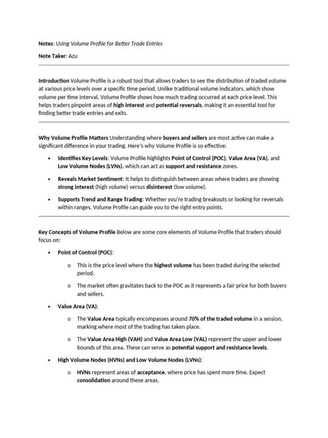 Azu Notes Using Volume Profile For Better Trade Entries Pdf