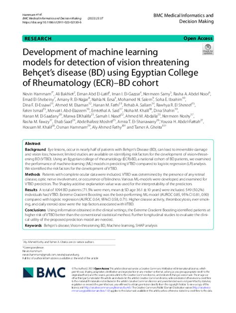 Pdf Development Of Machine Learning Models For Detection Of Vision Threatening Behçets
