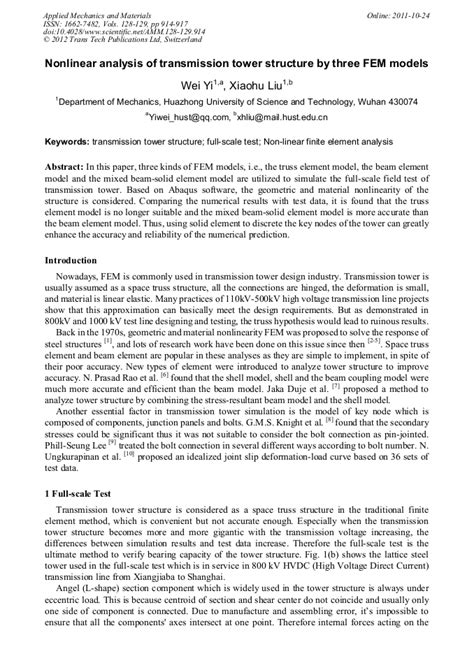 Nonlinear Analysis Of Transmission Tower Structure By Three Fem Models Scientificnet