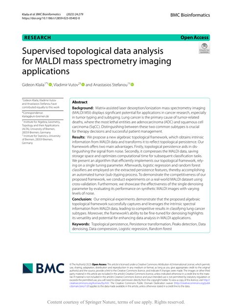 Pdf Supervised Topological Data Analysis For Maldi Mass Spectrometry