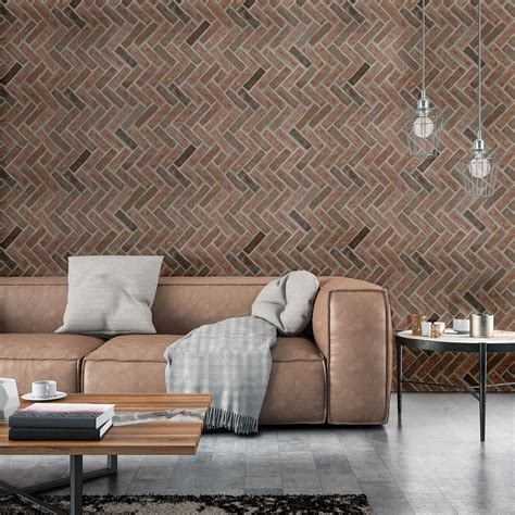 Noble Red Reclaimed Clay Brick Veneer In Herringbone Pattern