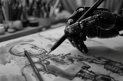 Premium Photo A Black And White Drawing Of A Robot Next To A Pen