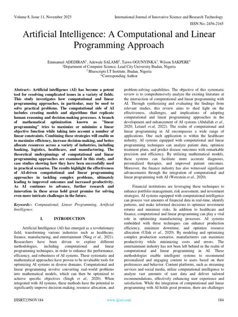 Artificial Intelligence A Computational And Linear Programming