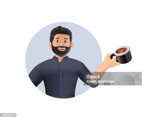 3d 젊은 웃는 남자 만화 캐릭터 바리스타가 컵 벡터 삽화에서 거대한 커피 콩을 들고 있다 신선한 커피 음료 커피 마실 것에