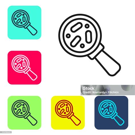 흰색 배경에 격리 된 돋보기 아이콘 아래 검은 라인 미생물 박테리아와 세균 세포암 미생물 바이러스 곰팡이 색상 정사각형 단추로 아이콘을 설정합니다 벡터 3차원 형태에 대한