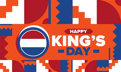 네덜란드왕의 날 네덜란드의 코닝스다그 국가의 문화 유산과 그의 위엄왕의 축하 생일 네덜란드 왕실 네덜란드 국기 오렌지 색 또는 주황색 광기 벡터 포스터 0명에 대한 스톡