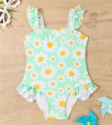 Girls Floral Print Ruffle Trim Swimsuit Fabfinds