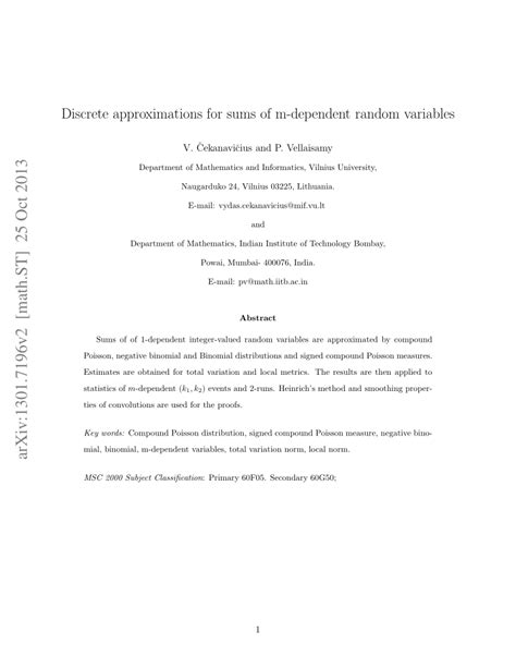 Pdf Discrete Approximations For Sums Of M Dependent Random Variables